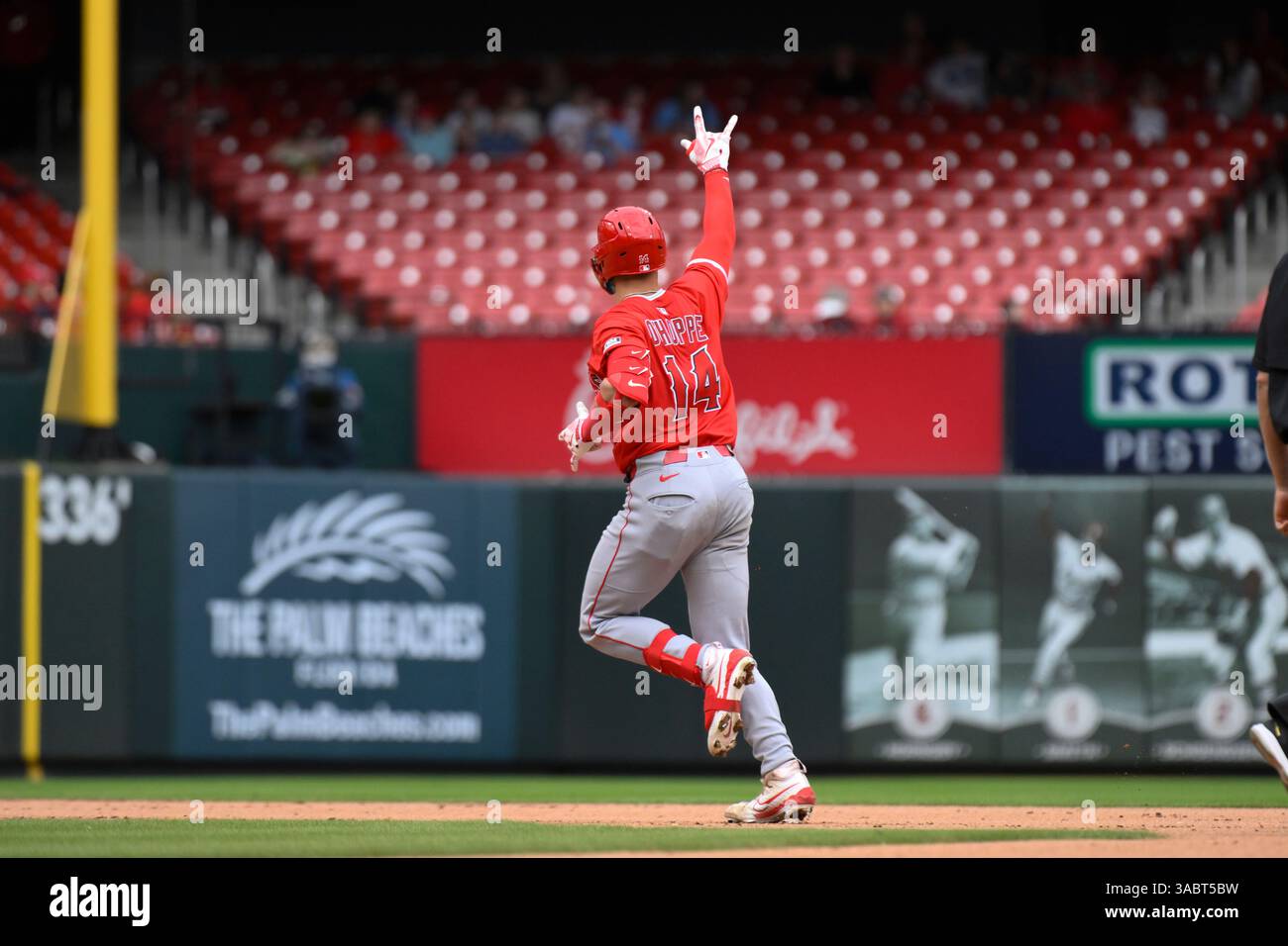 Los Angeles Angels' Logan O'Hoppe gestures to the bullpen after hitting ...