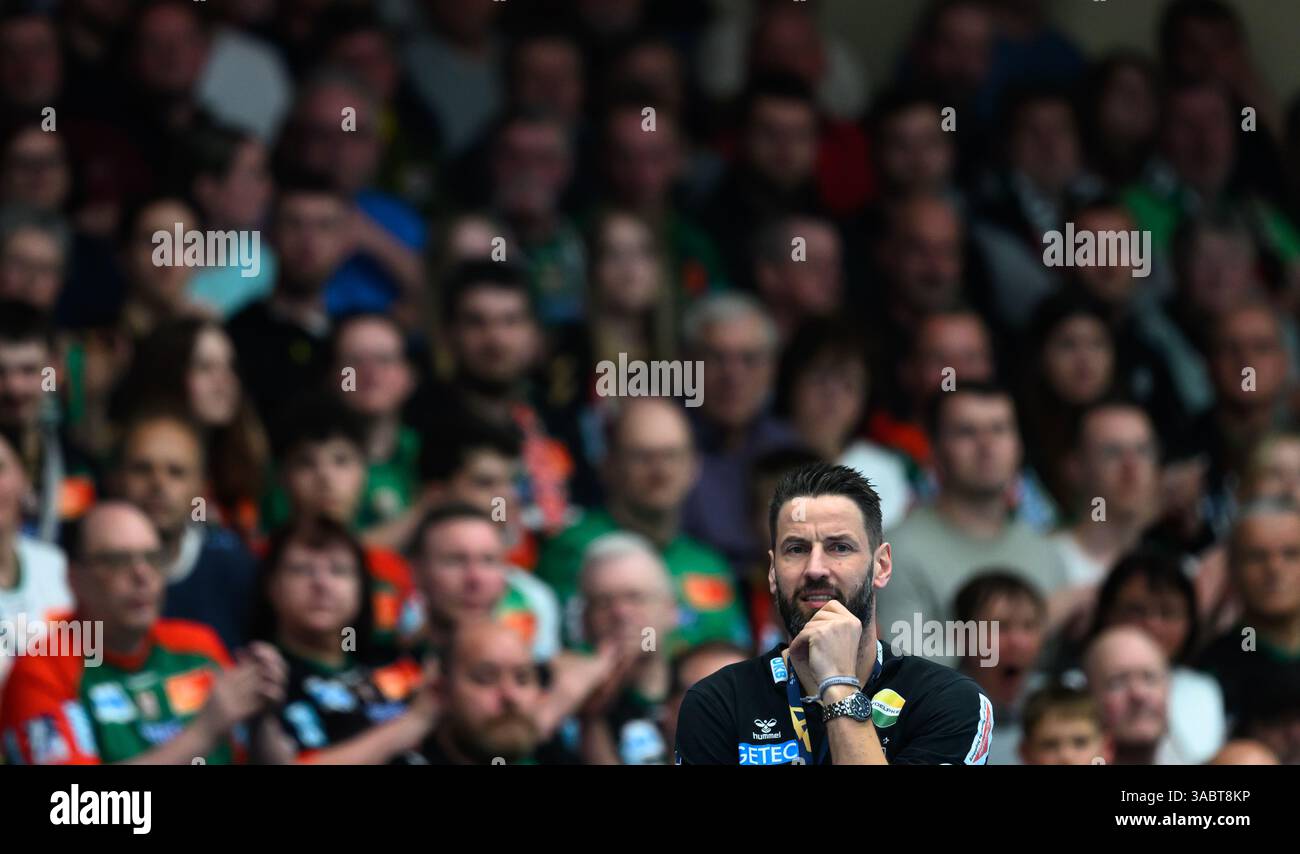 02 April 2025, Saxony-Anhalt, Dessau: Handball, Champions League, round ...