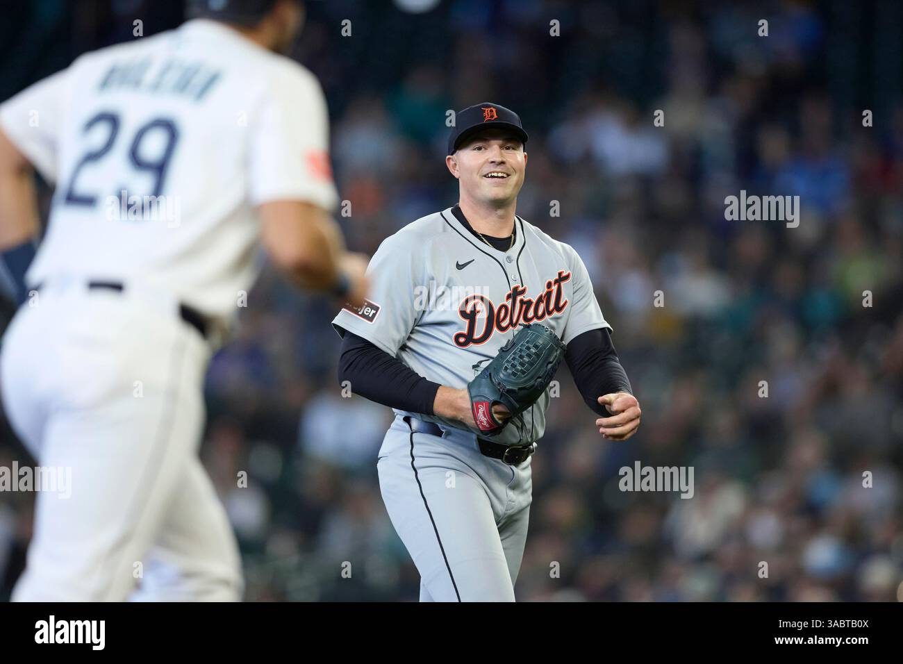 Detroit Tigers starting pitcher Tarik Skubal smiles at Seattle Mariners ...