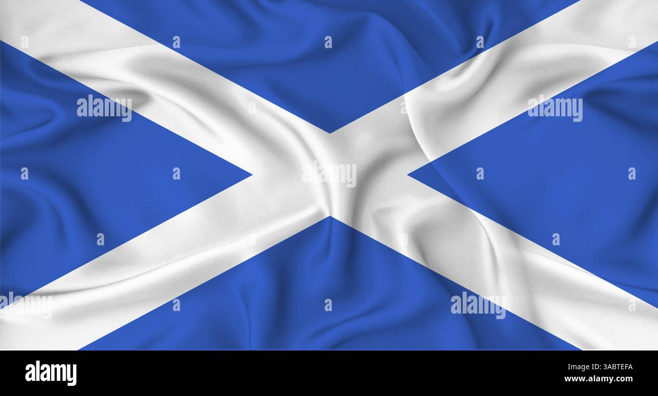 Realistic Scotland flag waving. Close up of flag of Scotland with cloth ...
