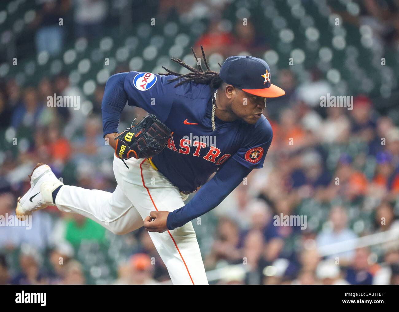 HOUSTON, TX - APRIL 02: Houston Astros starting pitcher Framber Valdez (59) watches his pitch in ...