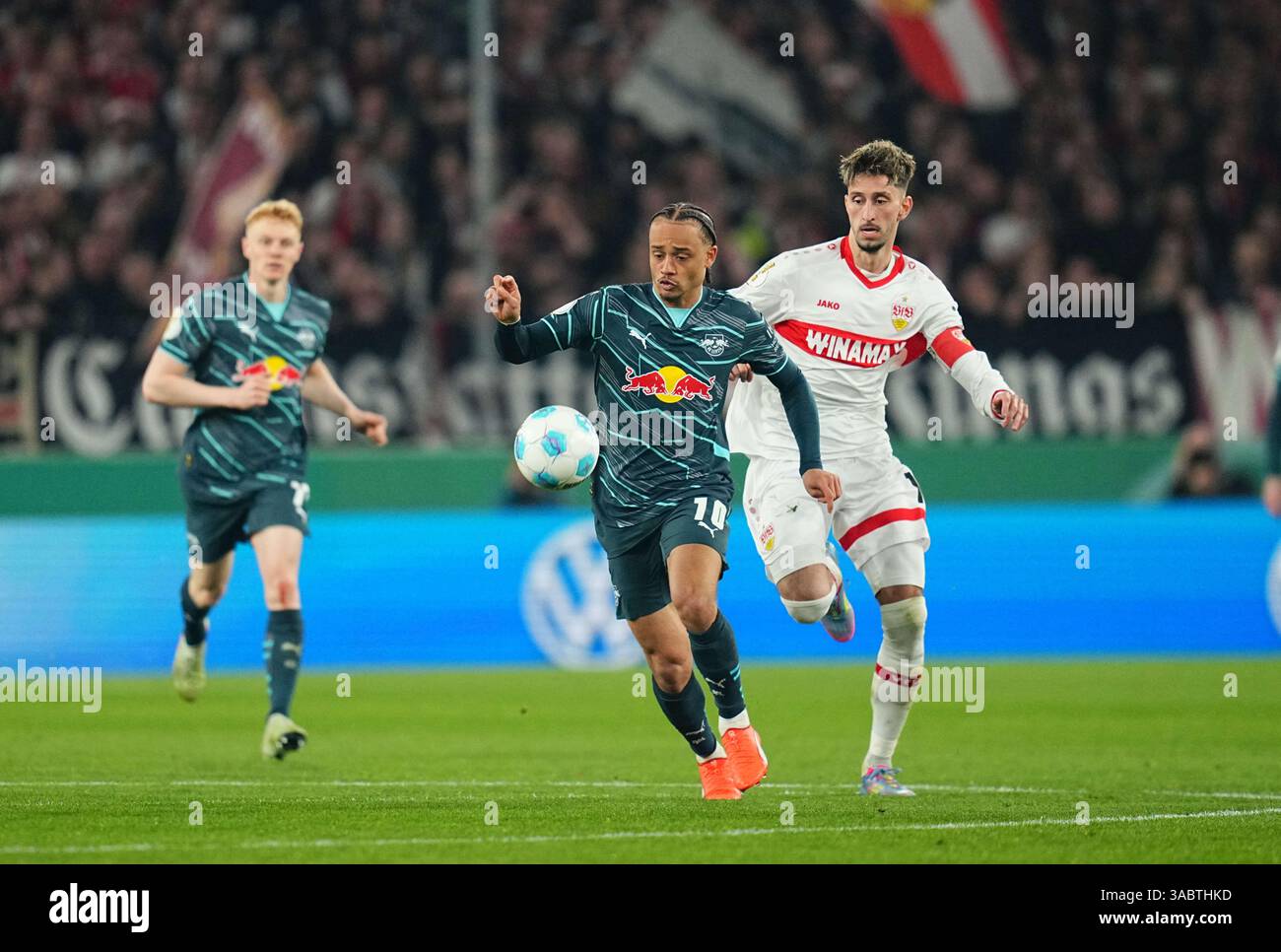 MHP Arena, Stuttgart, Germany. 02nd Apr, 2025. Xavi Simons of RB Leipzig controls the ball ...