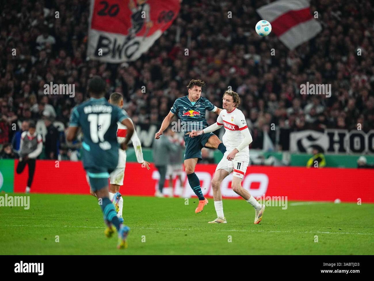 April 02 2025: Willi OrbÃ¡n of RB Leipzig heads during a DFB Pokal Semi-final game, VfB ...