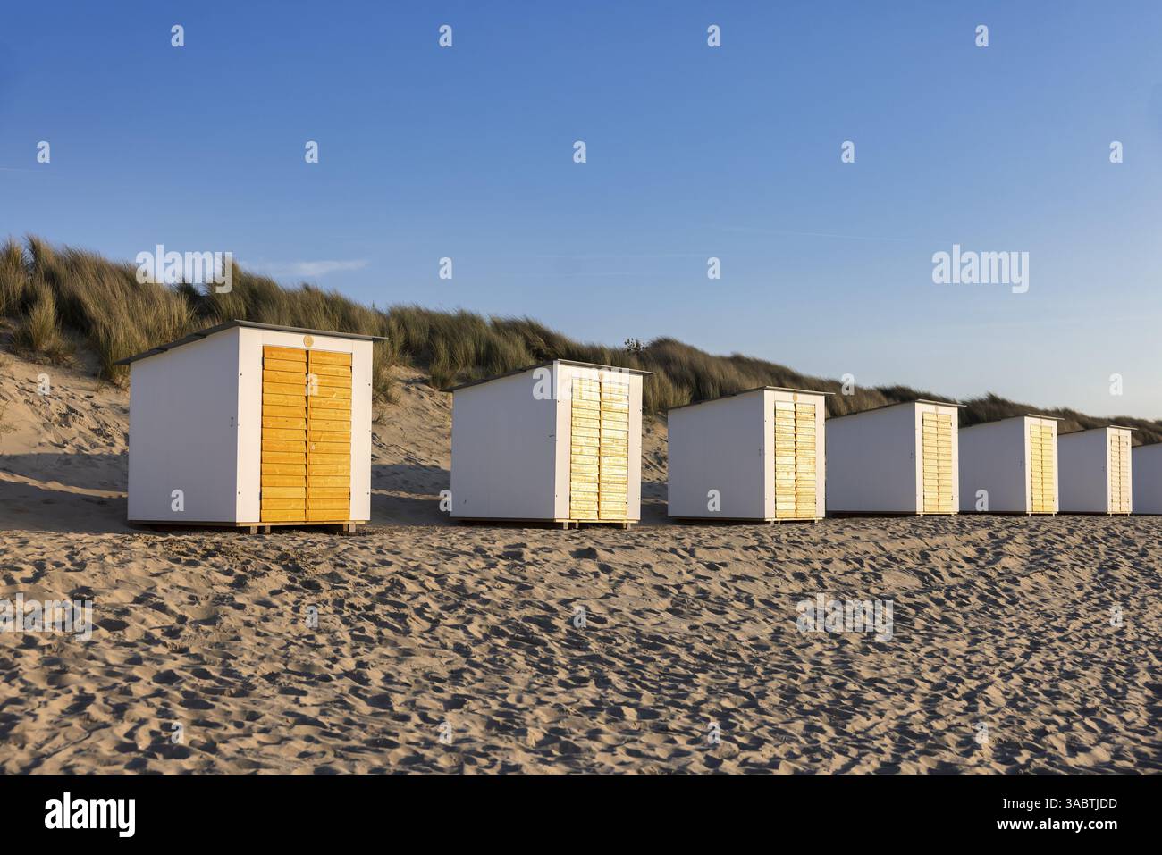 White beach houses with yellow doors on the beach in front of grassy ...