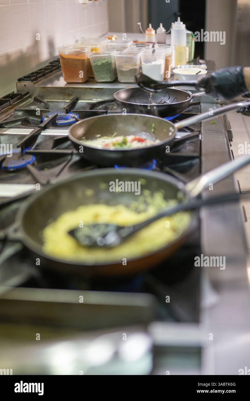 Professional chef cooking indian food in a pan on a stove in a ...