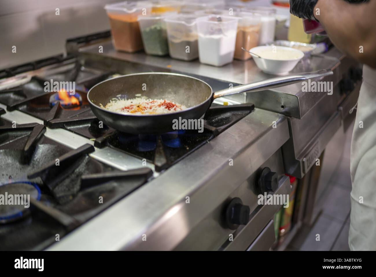Professional chef in a restaurant kitchen is preparing indian food ...