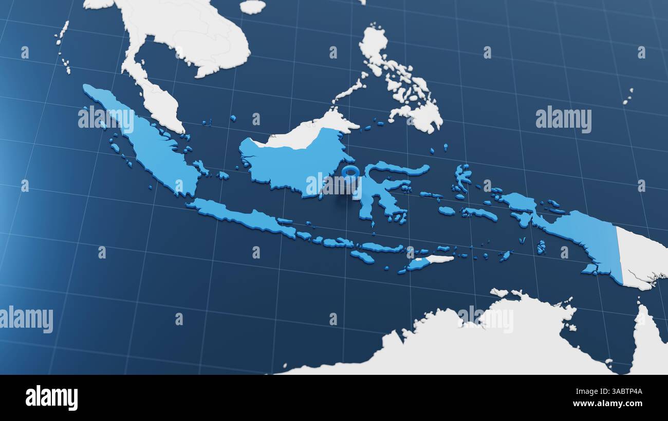 Blue Indonesia 3d map with pointer pin surrounded with other countries ...