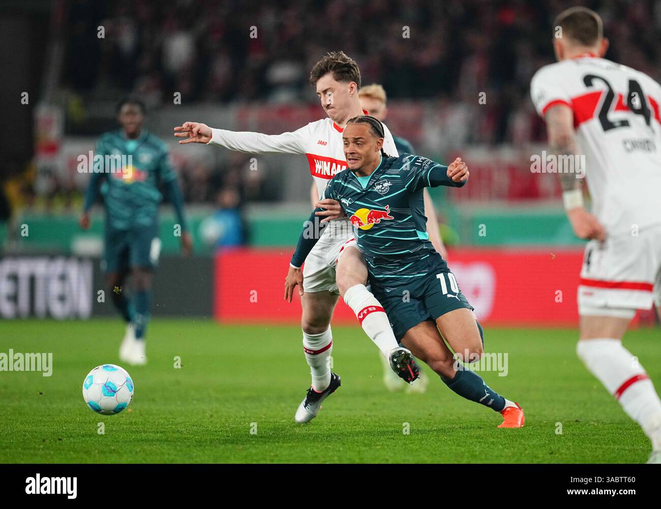 Stuttgart, Germany. 02nd Apr, 2025. April 02 2025: Xavi Simons of RB Leipzig controls the ball ...