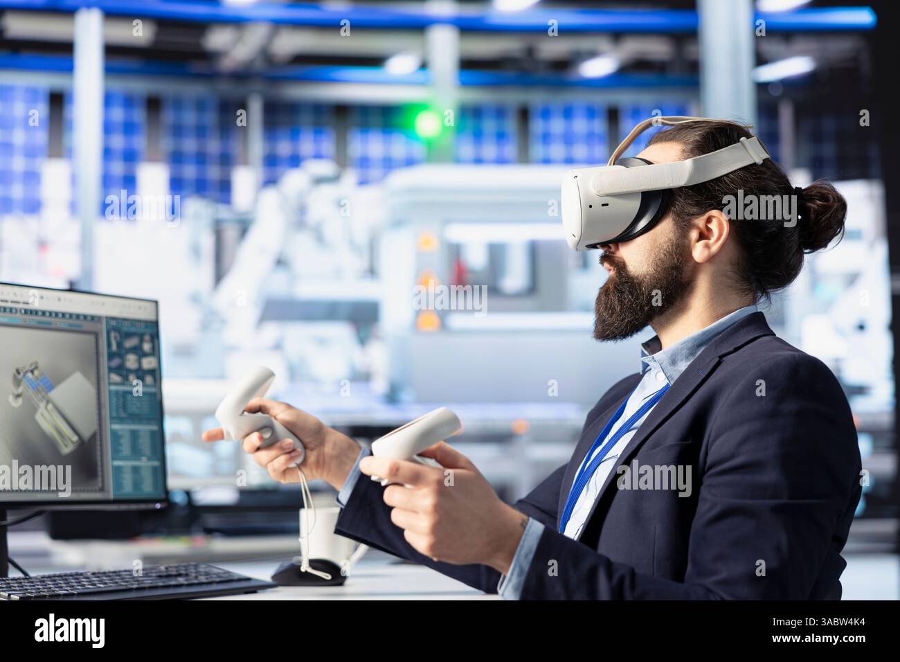 Engineer in solar panels plant using VR goggles to optimize layouts ...