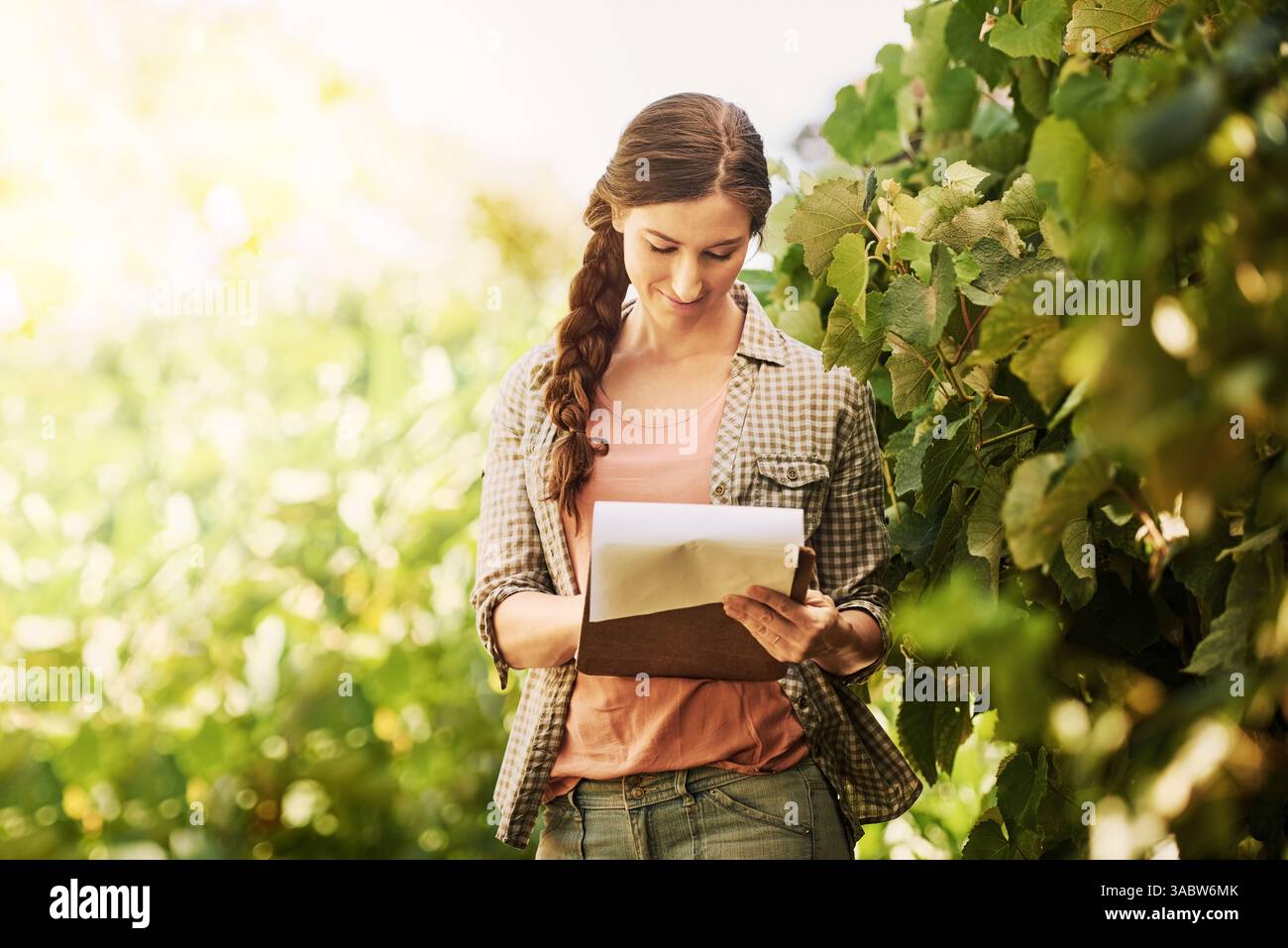 Woman, farmer and checklist for crop on farm, inspection and review ...