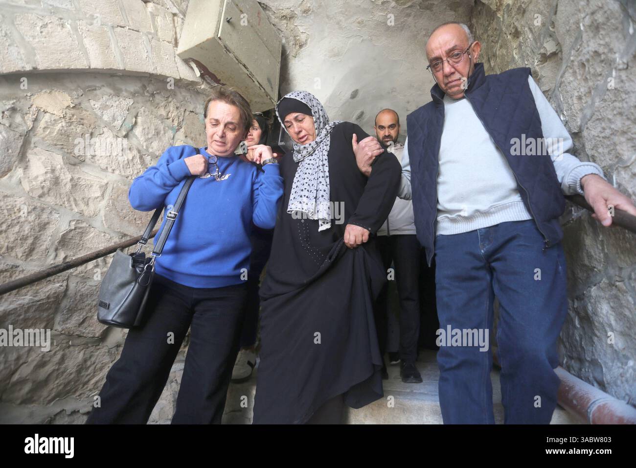 Relatives and friends mourn during the funeral of Palestinian Hamza Khammash, 33, who was killed ...