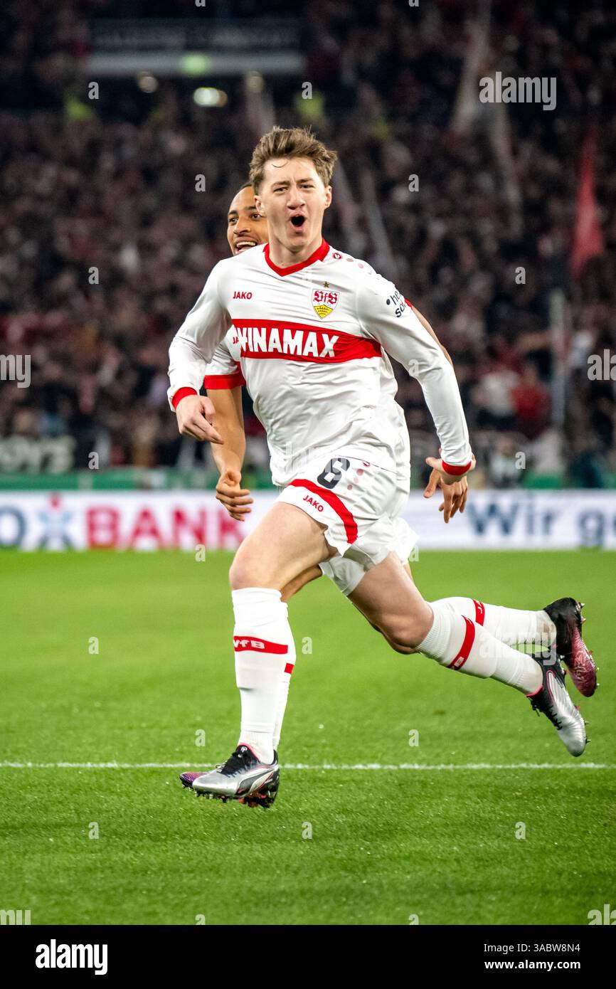 Stuttgart, Deutschland. 02nd Apr, 2025. Jubel beim 1:0 durch Angelo Stiller (VfB Stuttgart, 6 ...