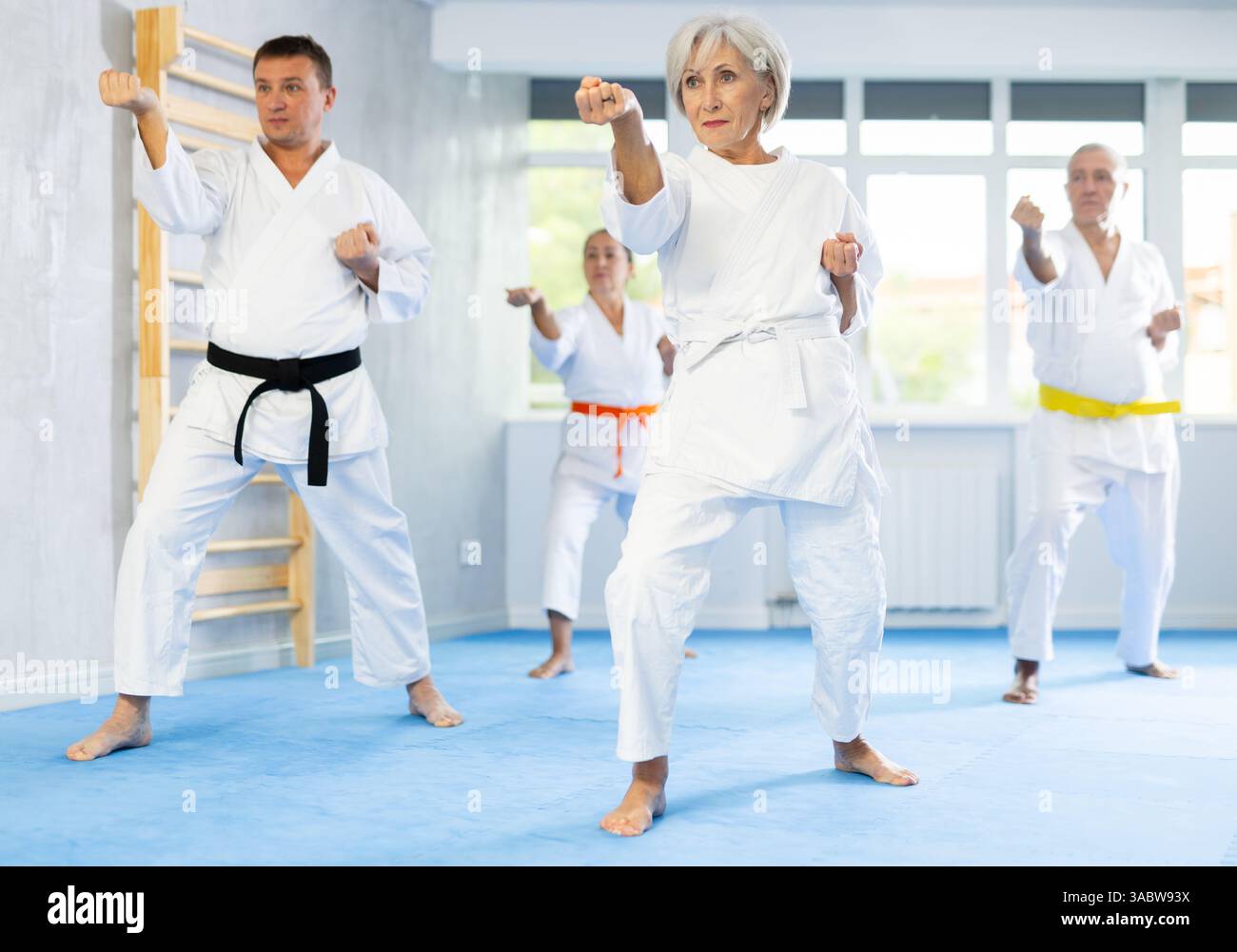 Group of mature people in kimono trying new fighting techniques at karate lessons Stock Photo ...