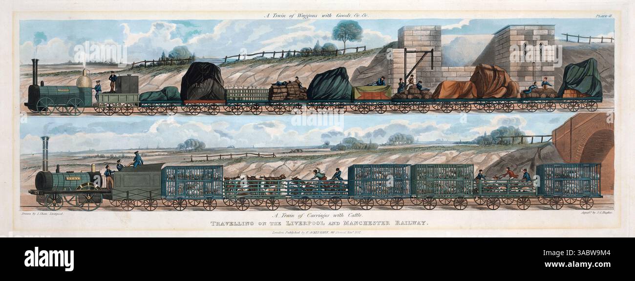 Hand coloured aquatint etching of Travelling on the Liverpool and ...