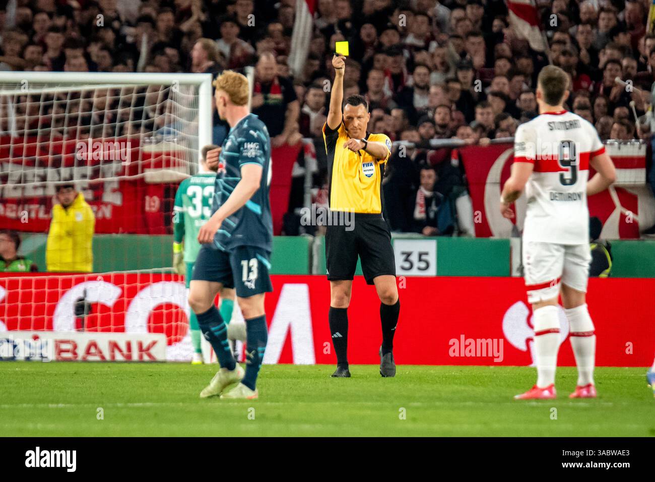 Stuttgart, Deutschland. 02nd Apr, 2025. Gelbe Karte f?r Nicolas Seiwald (RB Leipzig, 13) DFB ...