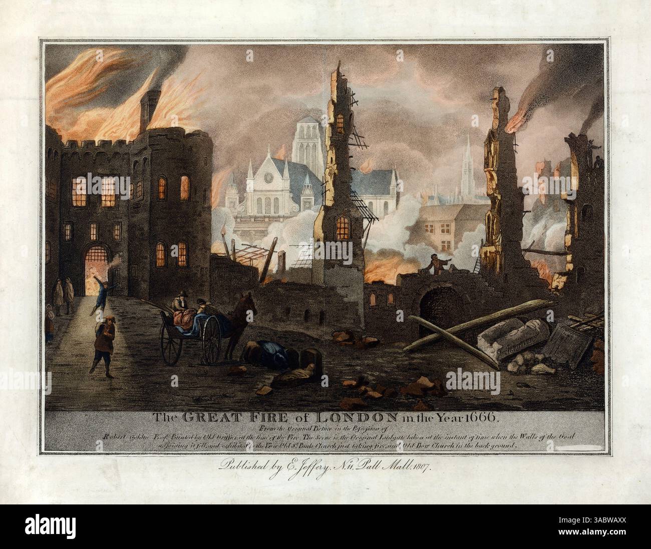 General View of the Great fire of London in the year 1666 hand coloured ...