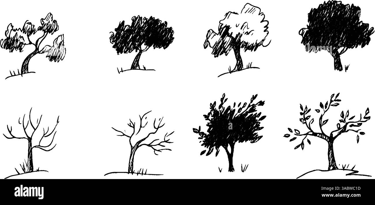 Hand-Drawn Tree Illustrations in Various Styles Stock Vector Image ...