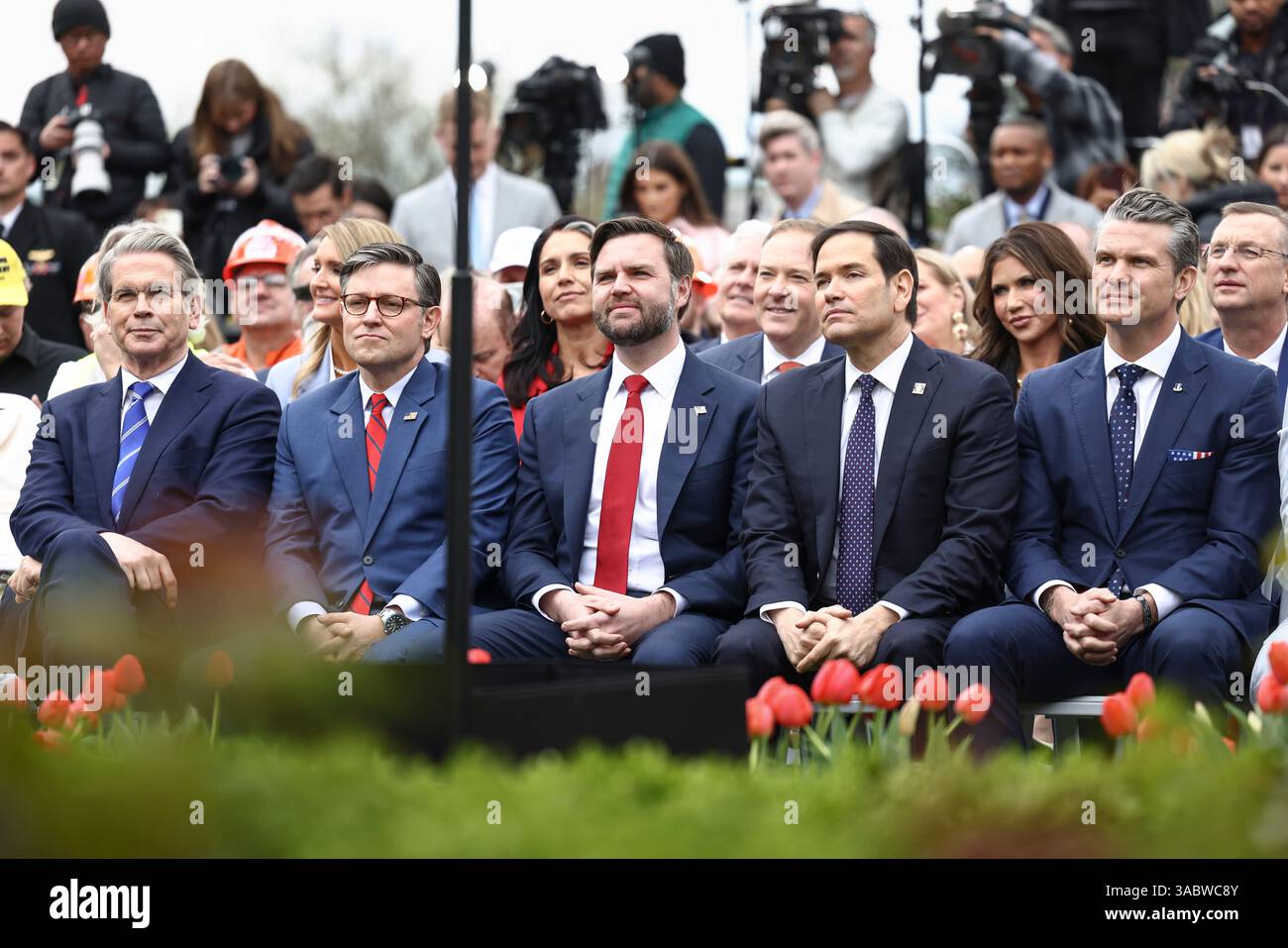 (L-R) US Treasury Secretary Scott Bessent, US Speaker of the House Mike ...
