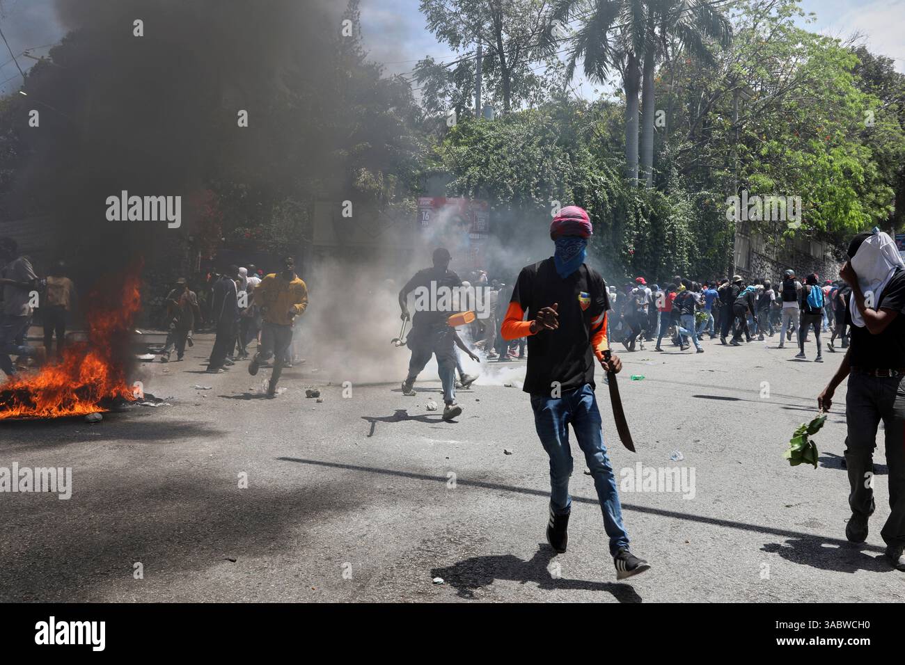 Demonstrators run for cover from tear gas fired by police during a ...