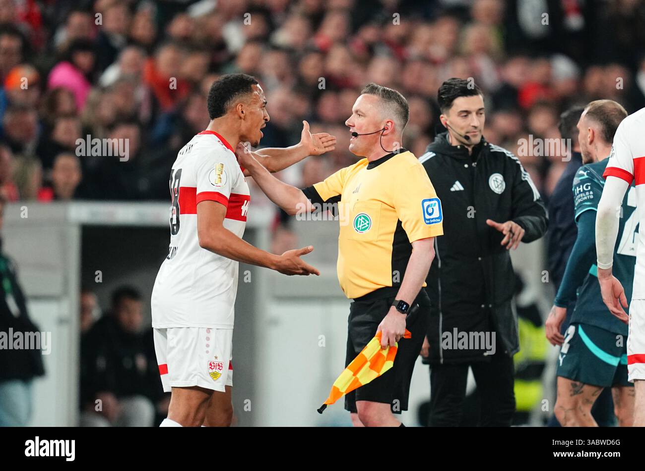MHP Arena, Stuttgart, Germany. 02nd Apr, 2025. Jamie Leweling of VfB Stuttgart gestures during a ...