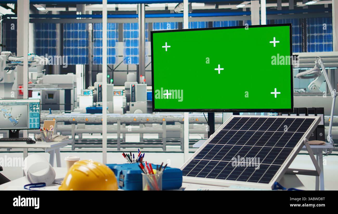 Chroma key mockup monitor in empty photovoltaics factory used to diagnose malfunctioning systems ...