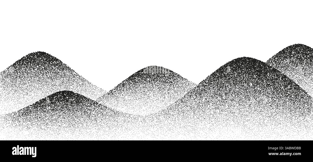 Mountains noise landscape.,grain halftone hills. Vector black and white ...