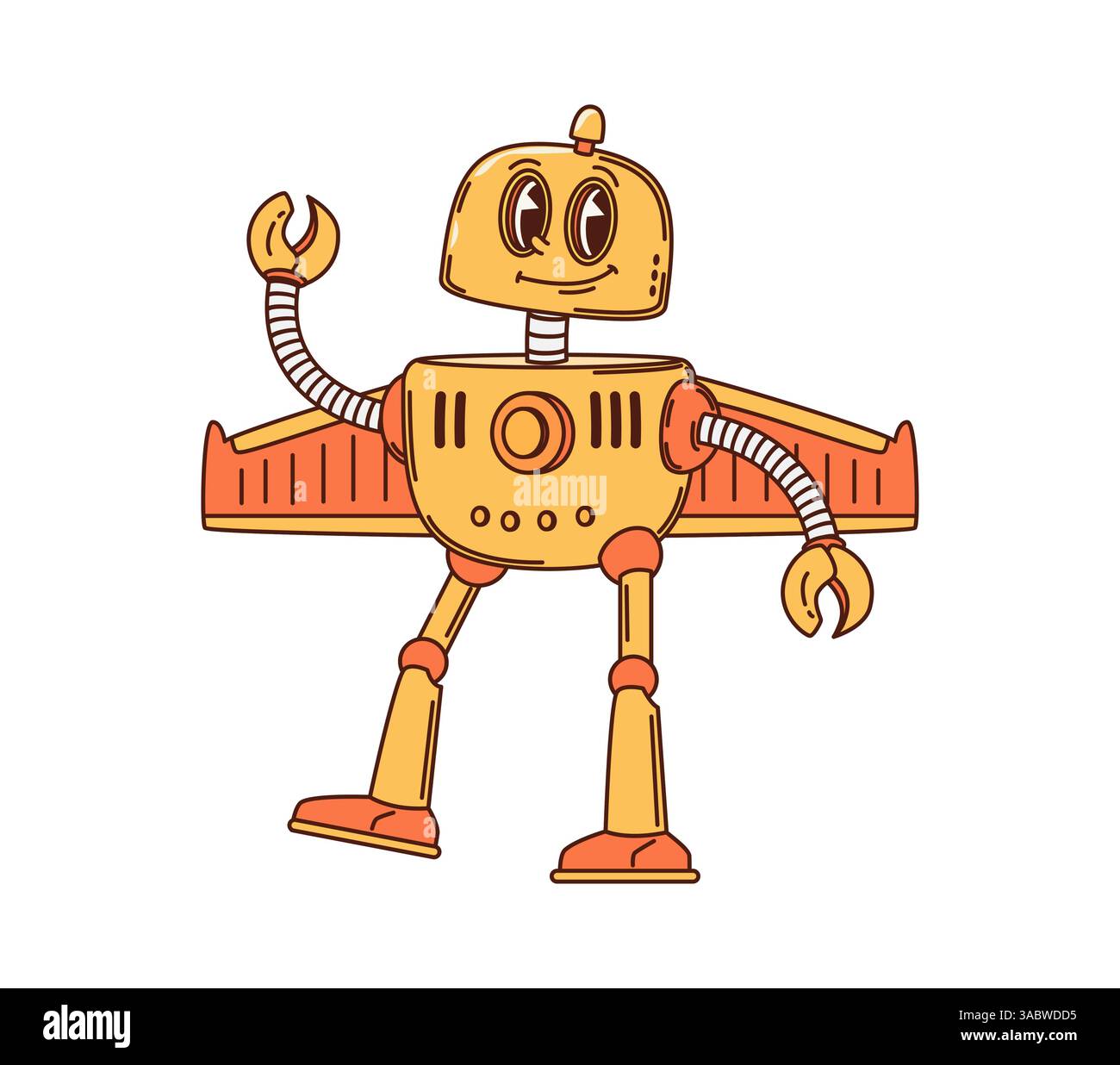 Cartoon groovy robot or droid character with wings, vector retro ...