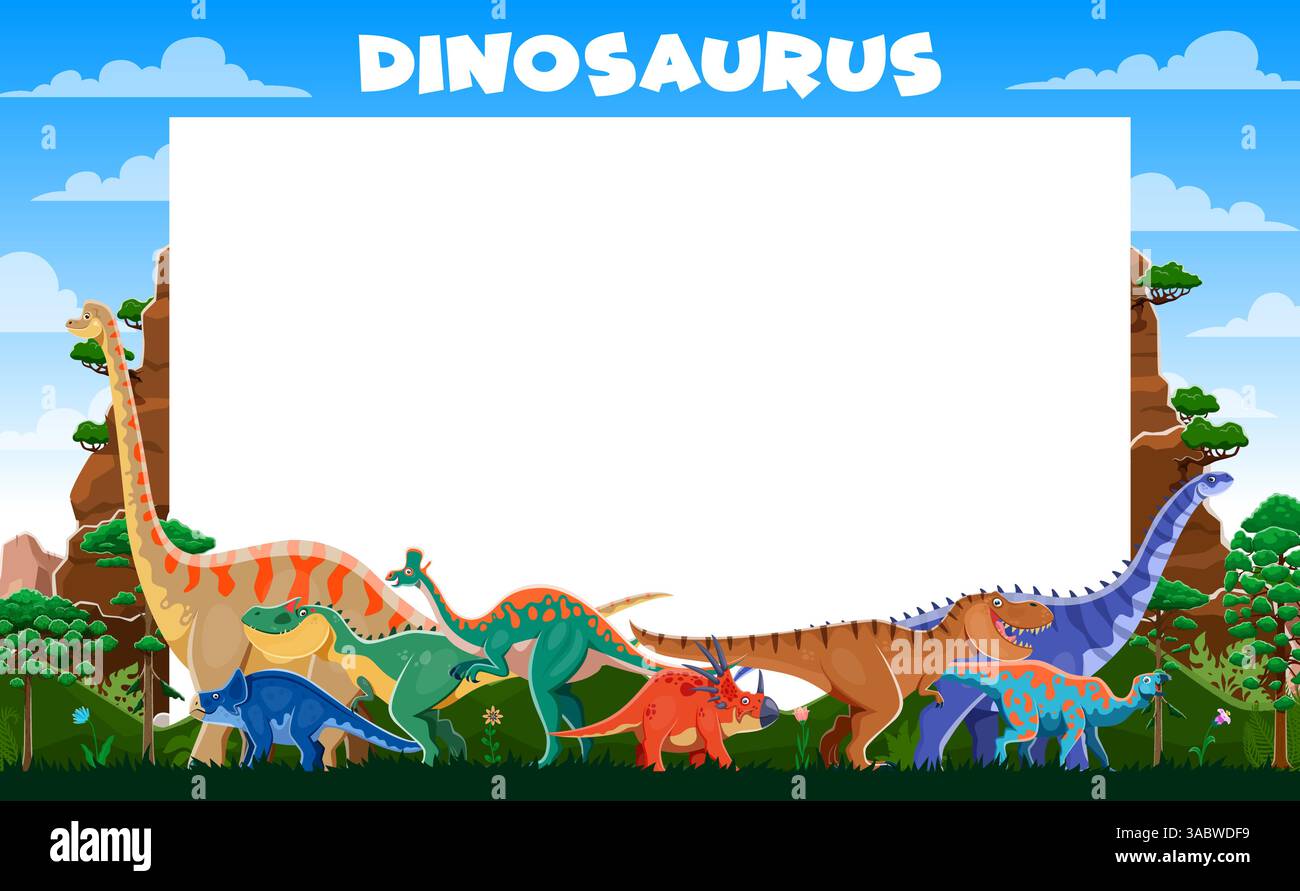 White paper note with prehistoric dinosaurs in jungle forest. Vector ...