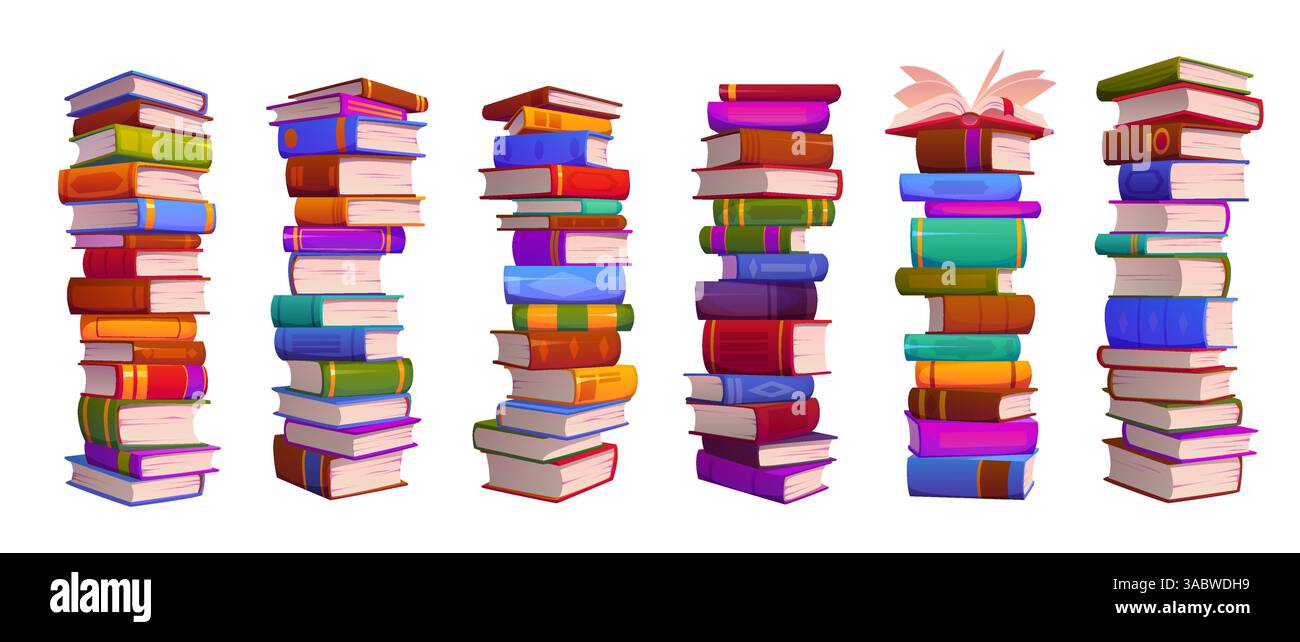 High book stacks and school library textbooks piles, vector education ...