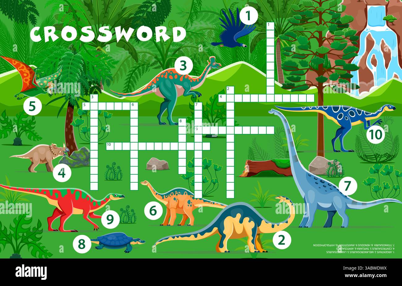 Crossword quiz game grid of prehistoric dinosaurs characters, vector ...