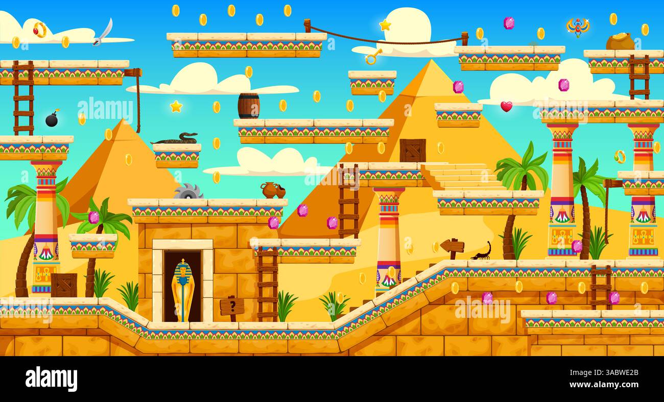 2D arcade game with Egyptian pyramids and level map, vector interface ...