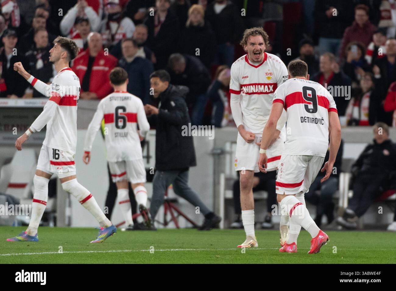 Stuttgart, Deutschland. 02nd Apr, 2025. Tor zum 2:0 durch Nick Woltemade (VfB Stuttgart, #11 ...