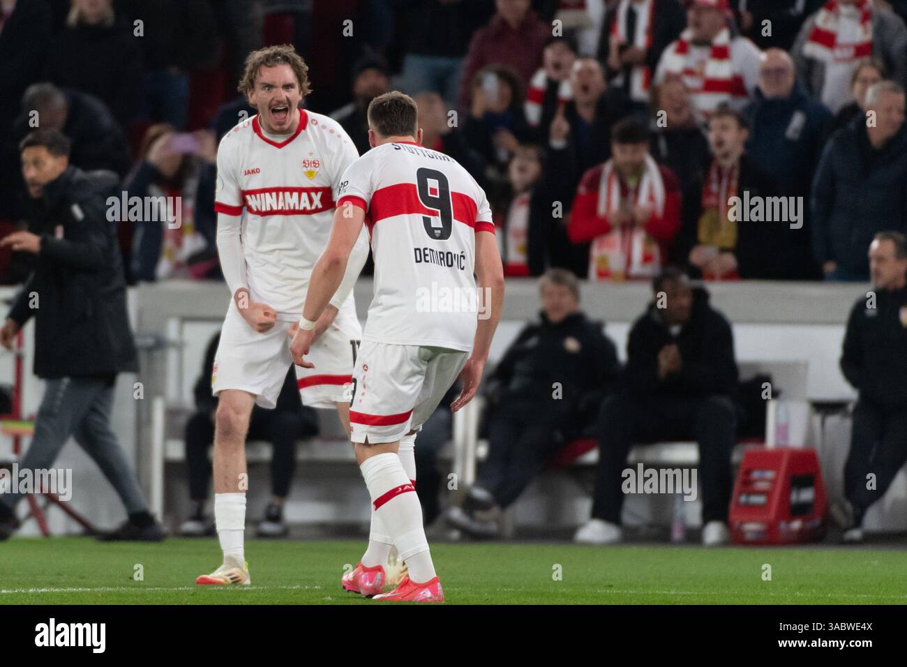Stuttgart, Deutschland. 02nd Apr, 2025. Tor zum 2:0 durch Nick Woltemade (VfB Stuttgart, #11 ...