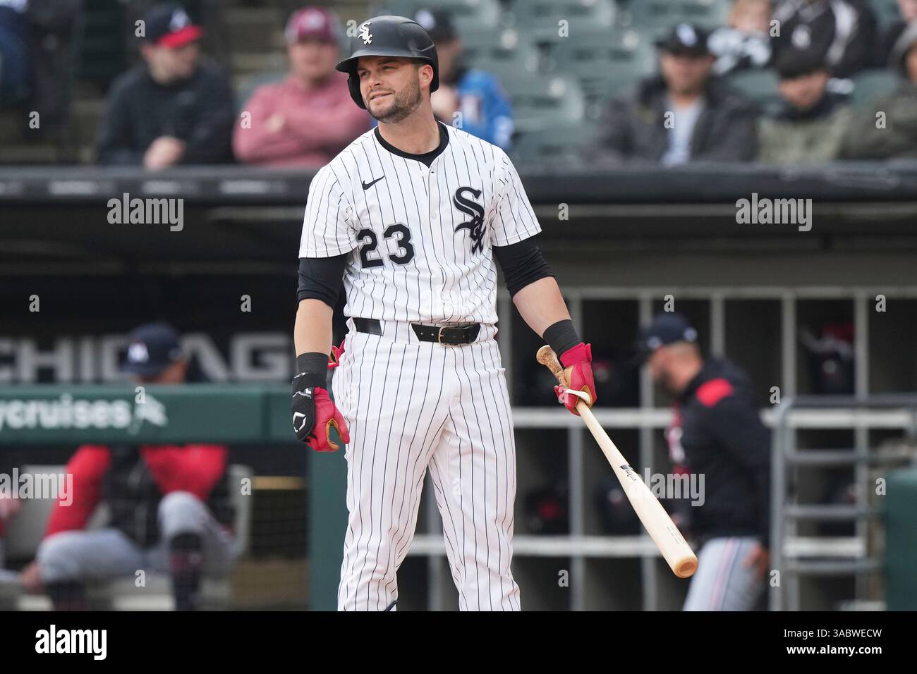 Chicago White Sox's Andrew Benintendi reacts after being called out on ...