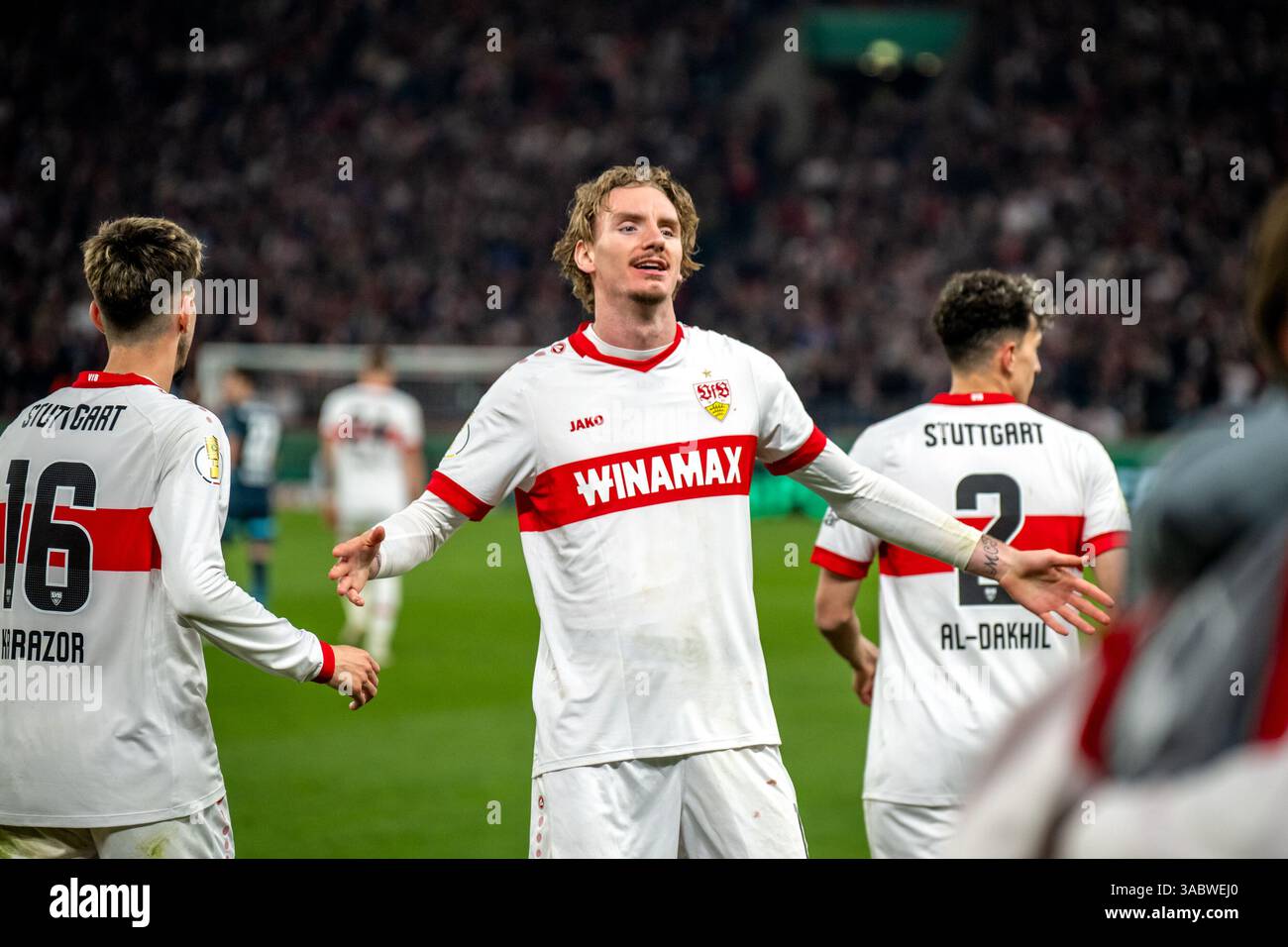 Stuttgart, Deutschland. 02nd Apr, 2025. Jubel zum 2:0 durch Nick Woltemade (VfB Stuttgart, 11 ...