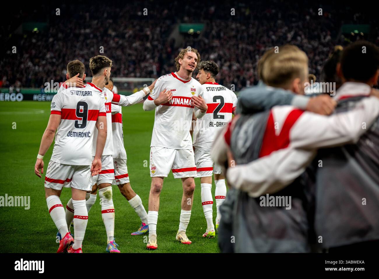 Stuttgart, Deutschland. 02nd Apr, 2025. Jubel zum 2:0 durch Nick Woltemade (VfB Stuttgart, 11 ...