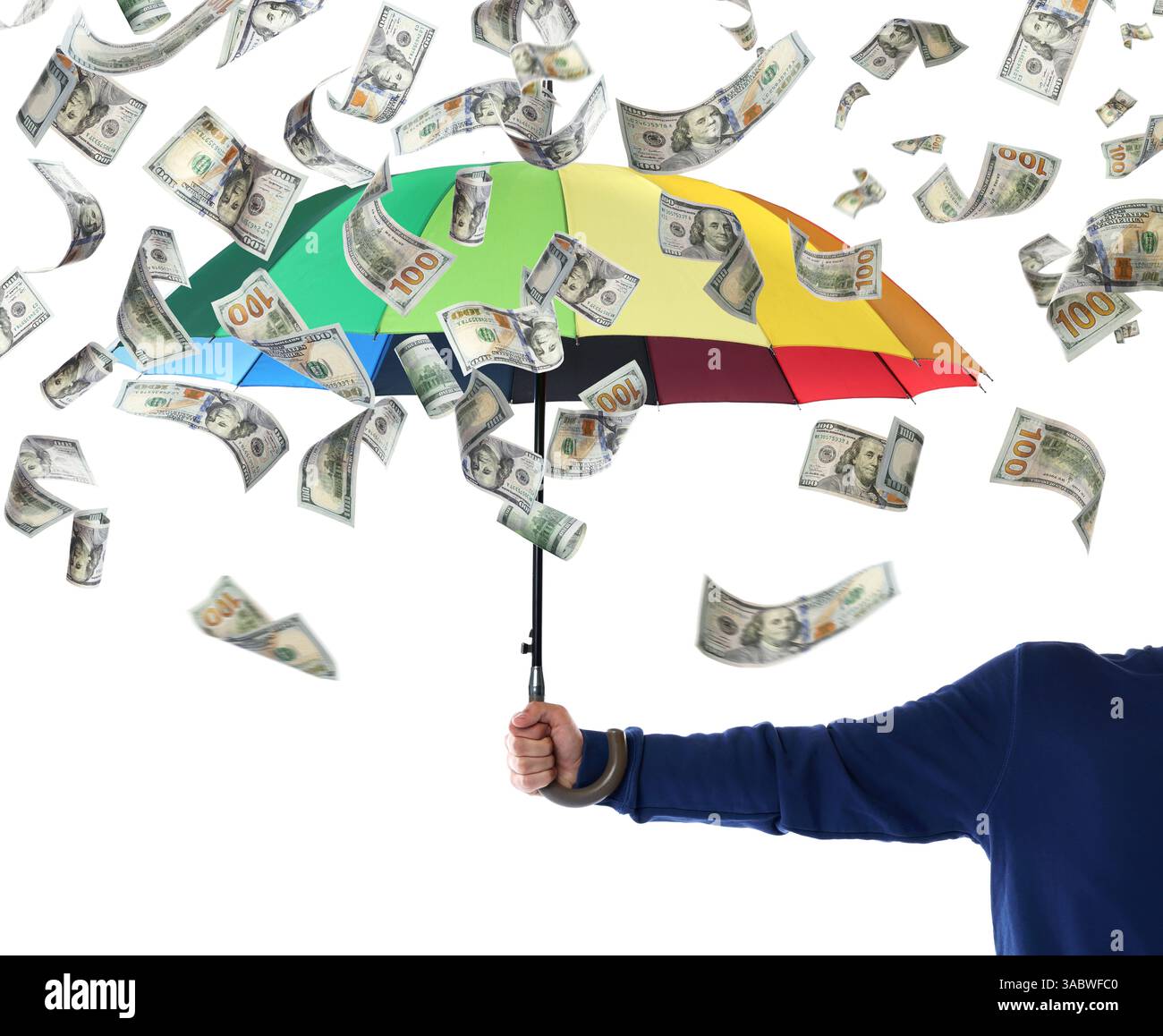 Man with umbrella under falling dollar banknotes on white background ...