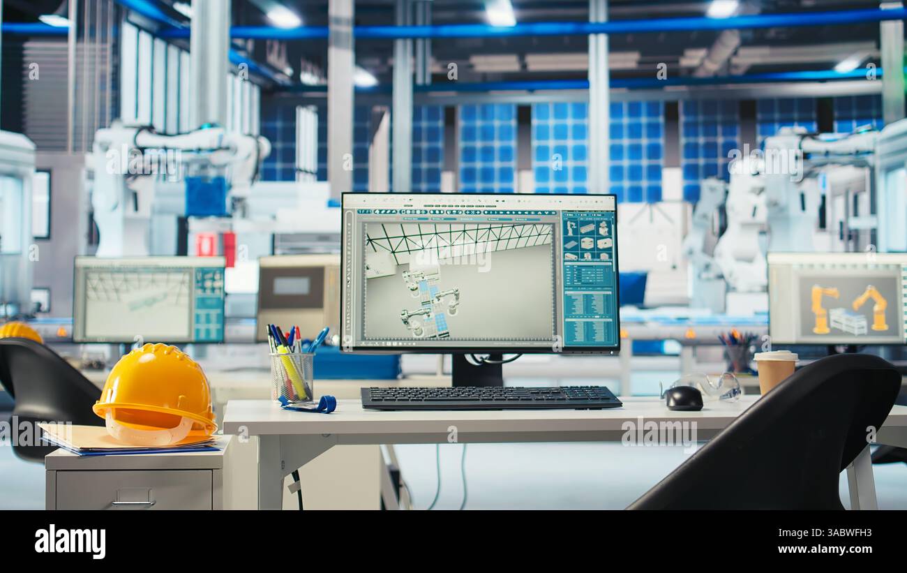 PC on desk in empty photovoltaics factory monitoring system performance. Computer monitor in ...