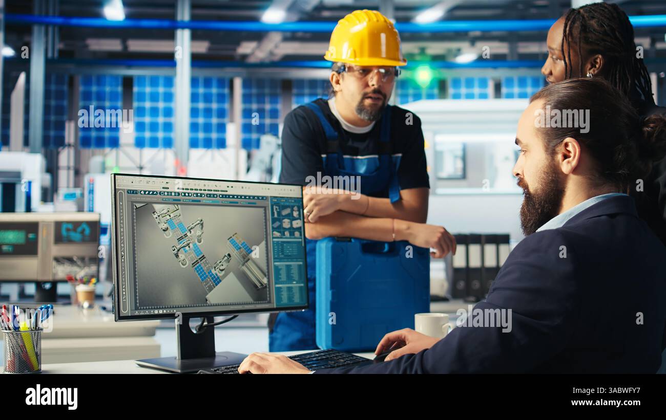 Photovoltaics factory manager gives task to worker after monitoring system performance. Solar ...