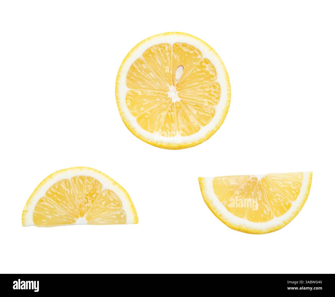 Top view set of fresh ripe yellow lemon fruits in half and slices or ...