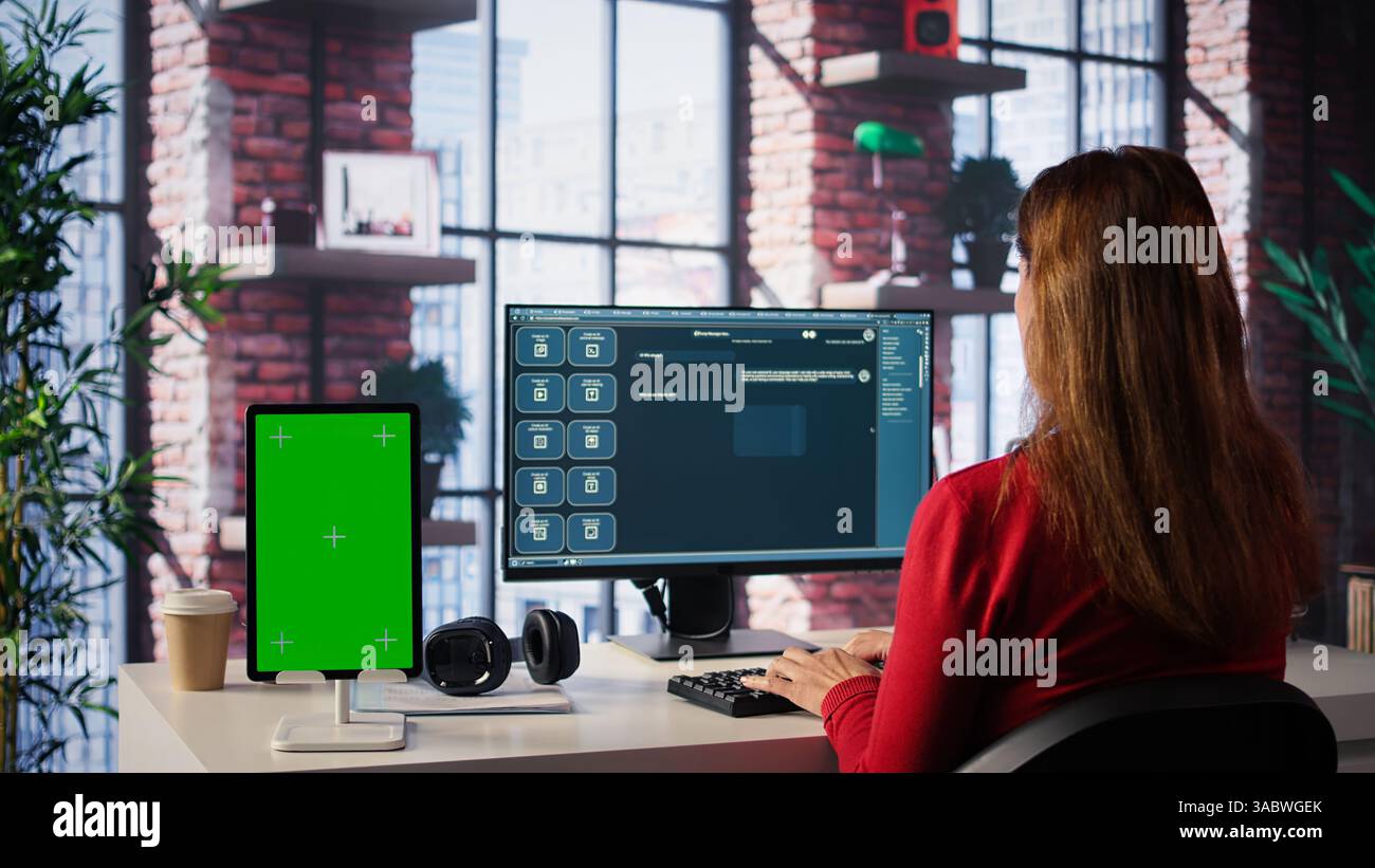 Mature adult utilizes a digital AI tool on web interface next to green ...