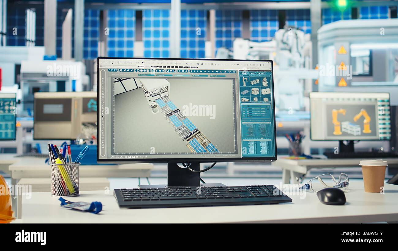 PC in photovoltaics factory used to oversee performance of robot arms placing solar panels on ...