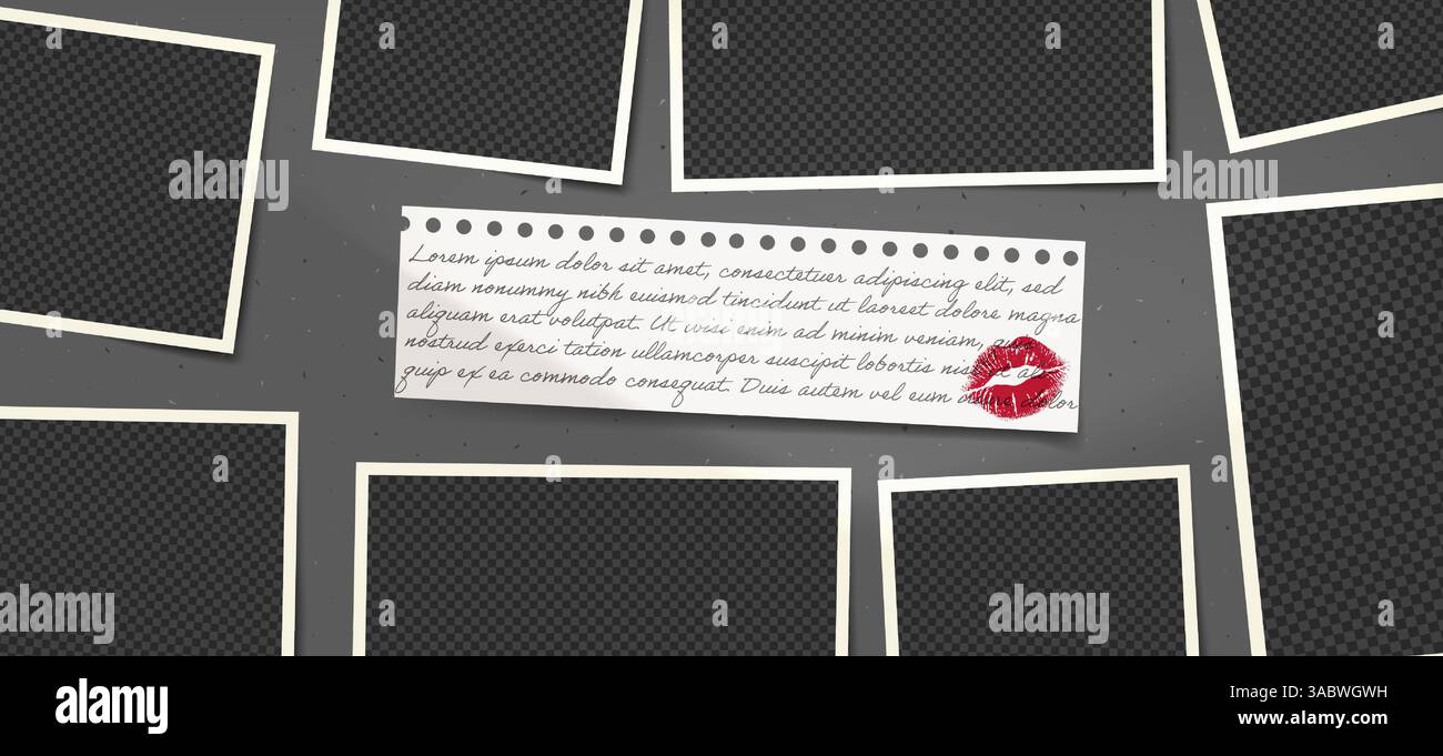 Photo frame template with kiss note and lips design. Vintage scrapbook ...