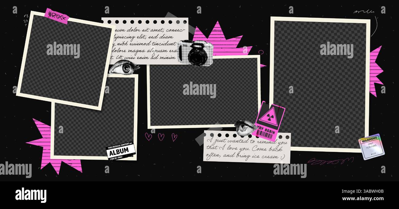 Frame photo collage with pink burst, attention mark, rock sticker and ...