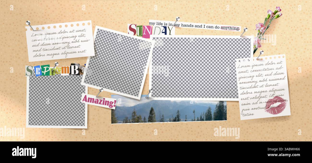 Photo frame collage with kiss note, sticker and flower branch. Retro ...