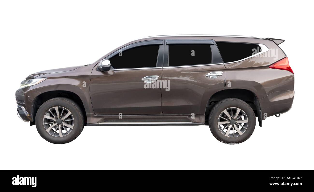 Left side view of elegant gray or dark gray SUV sports car is isolated ...