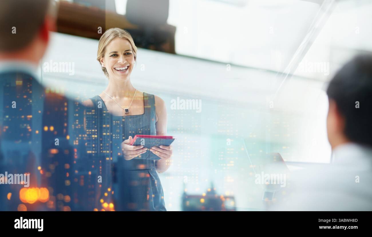 City, overlay and woman with presentation in office for urban planning ...