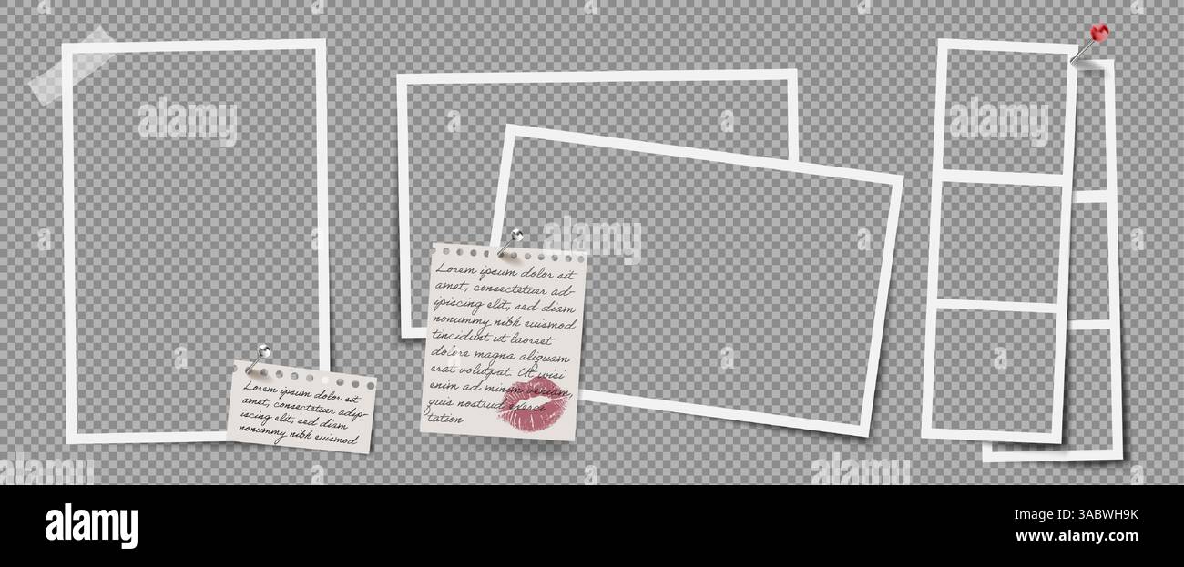 Photo frame collage with paper note and kiss. Transparent vector blank ...