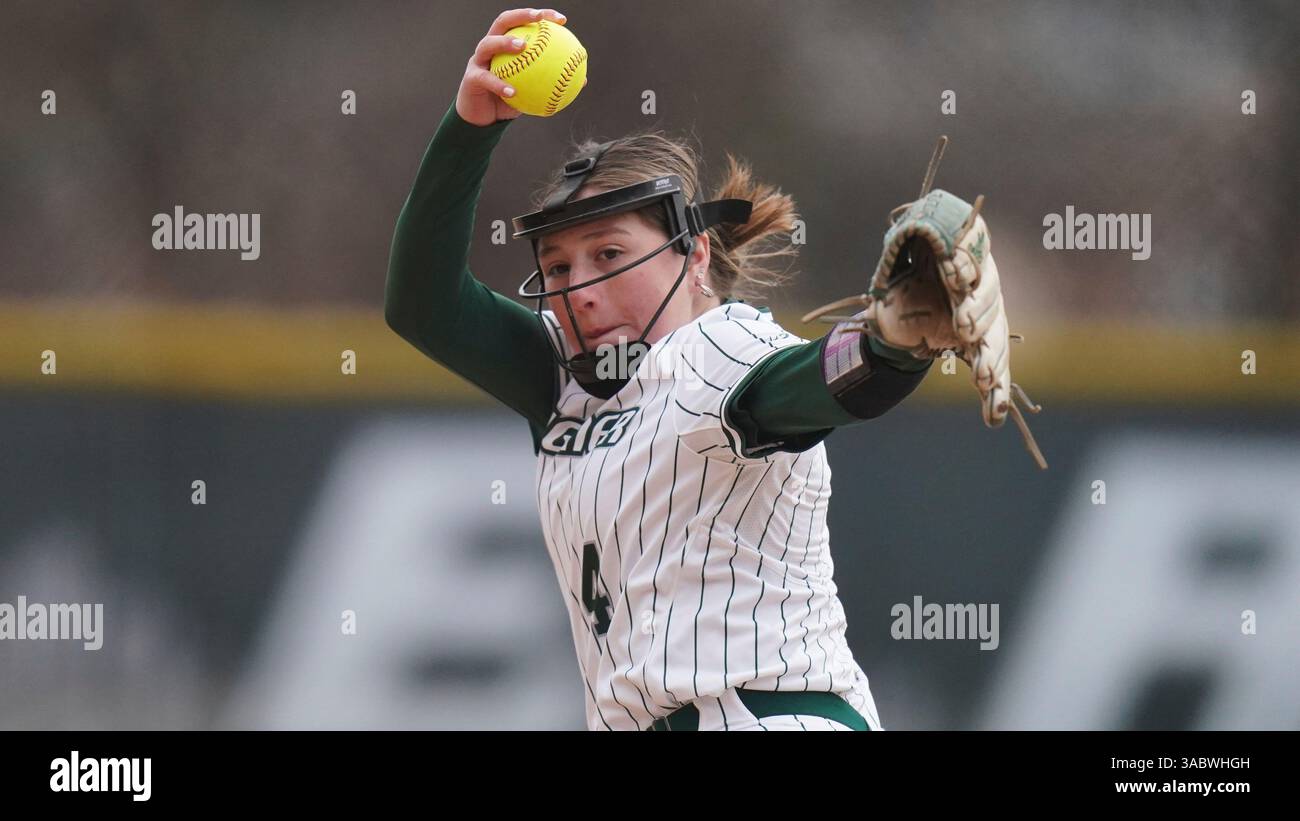Wagner starting pitcher Natalie Rodriguez (4) throws during an NCAA ...