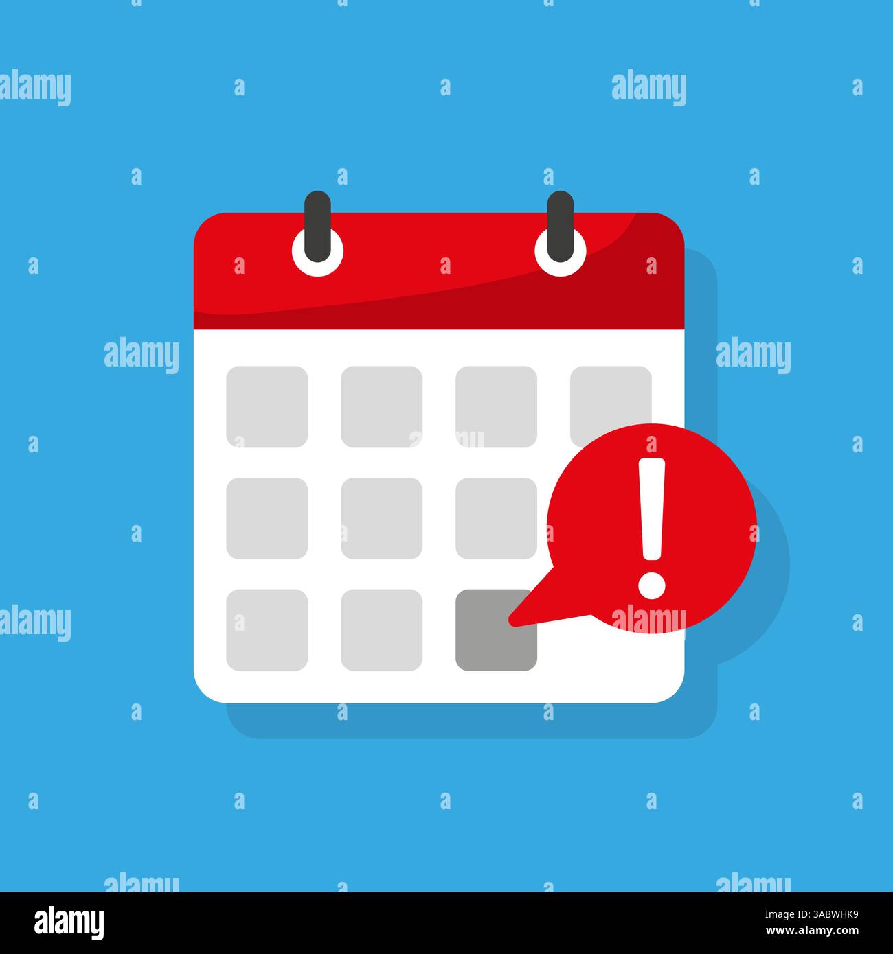 Calendar reminder icon. Red date highlight. Exclamation note bubble ...